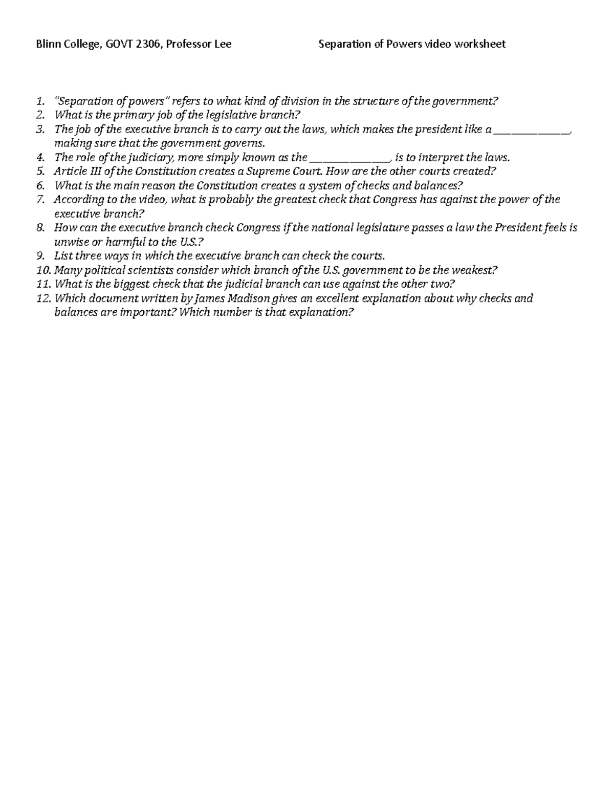 5A Sep of Powers worksheet - Students - Blinn College, GOVT 2306 ...