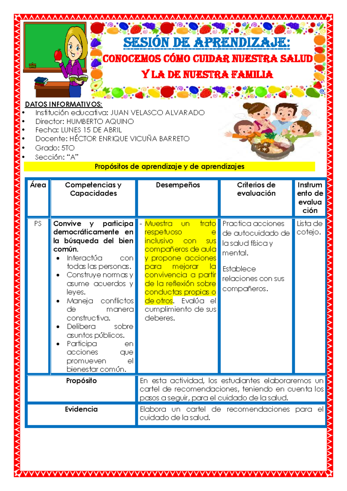 DIA 1 Sesion PS- Lunes 15-04 - DATOS INFORMATIVOS: Institución educativa: JUAN VELASCO ALVARADO ...