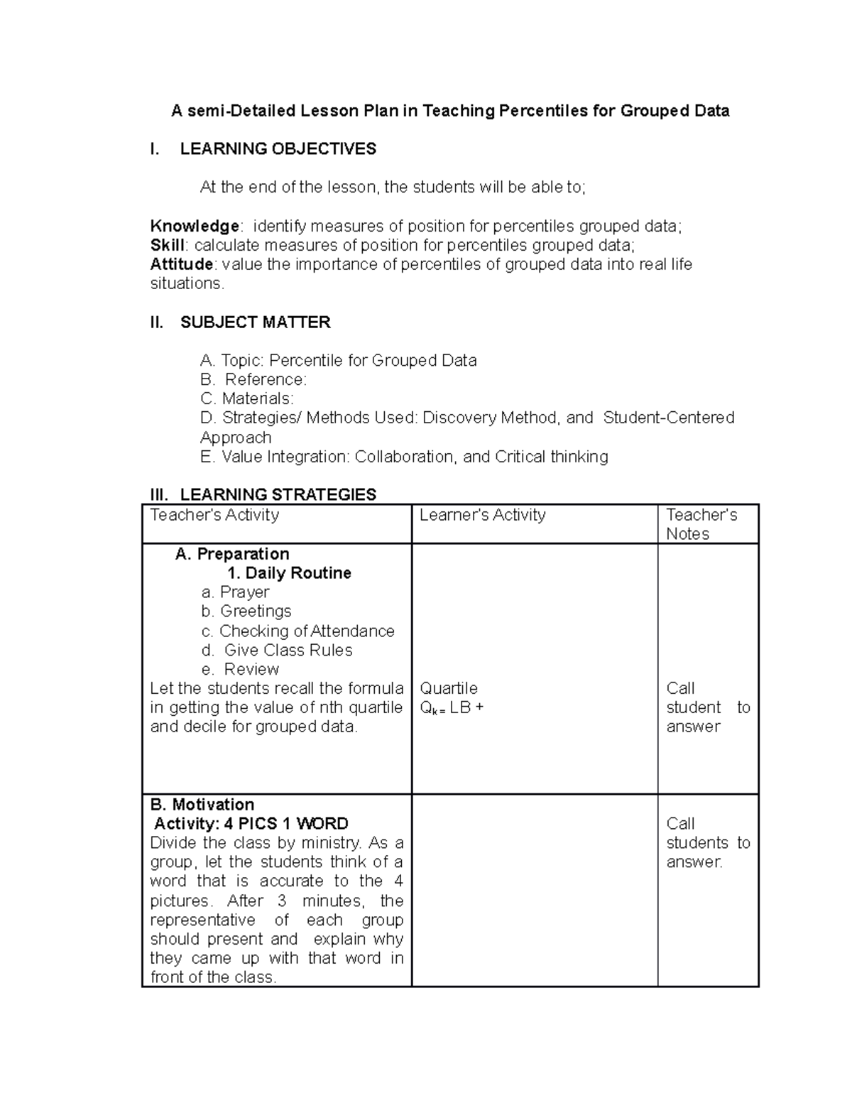 Lesson plan - none - A semi-Detailed Lesson Plan in Teaching Percentiles for Grouped Data I ...