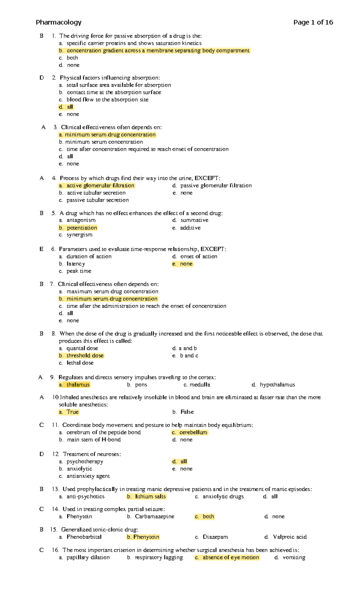 ALL PACOP PHARMACOLOGY - B 1. The driving force for passive absorption ...