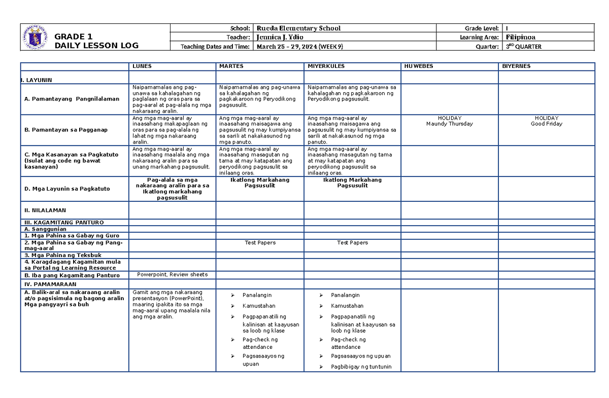 DLL AP 1 Q1 W9 Exam Week - GRADE 1 DAILY LESSON LOG School: Rueda ...