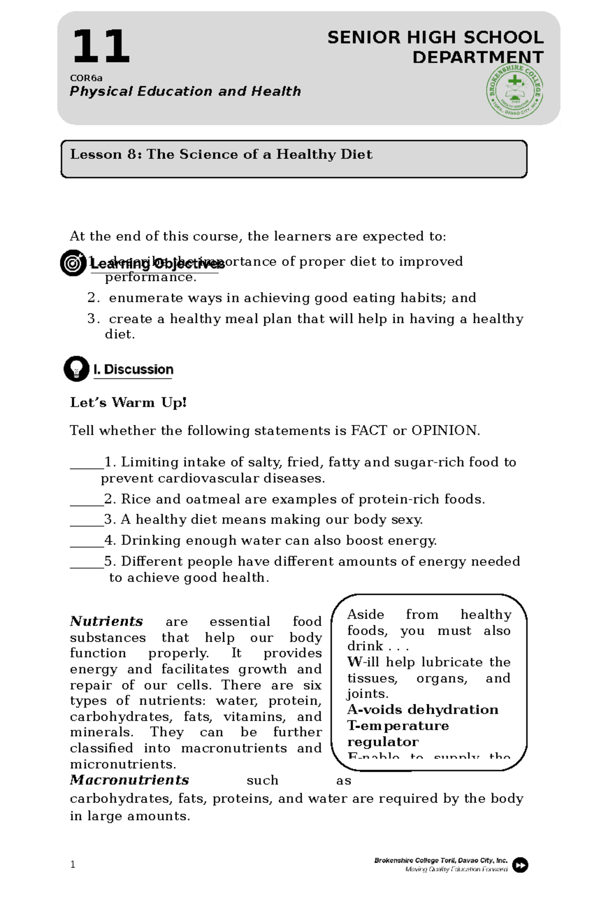 P.E 11 Module 8 - Lecture notes 1 - At the end of this course, the ...