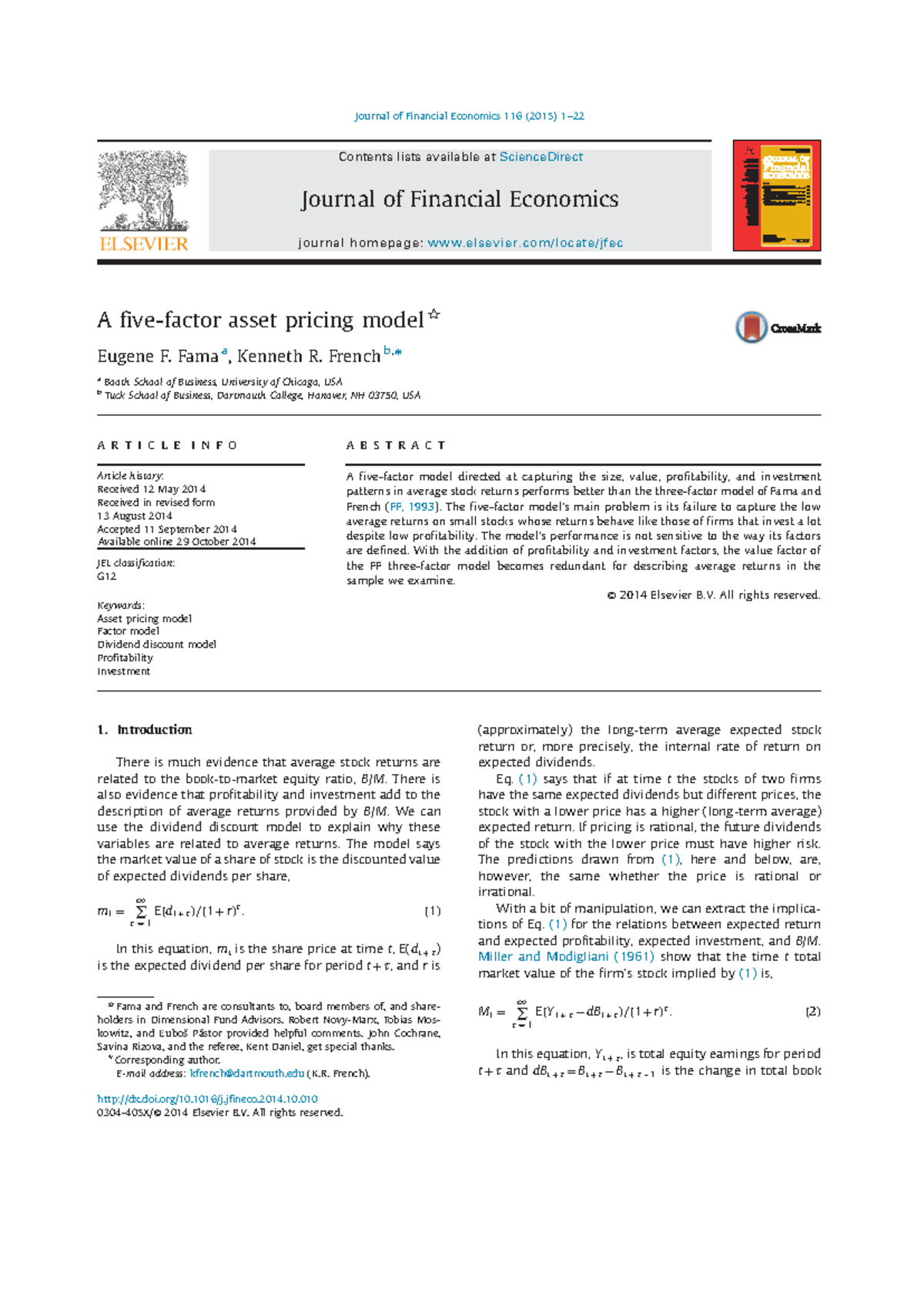 A Five Factor asset Pricing Mode Eugene Fama y Kenmeth French - A five ...