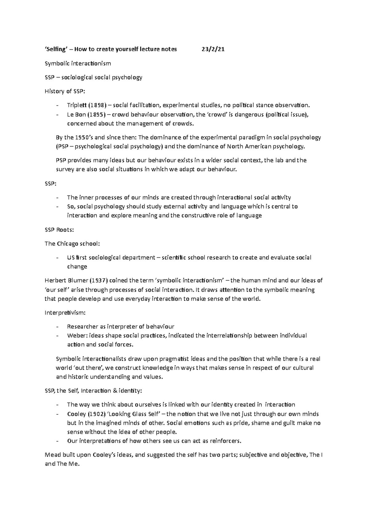 Selfing lecture notes - ‘Selfing’ – How to create yourself lecture ...