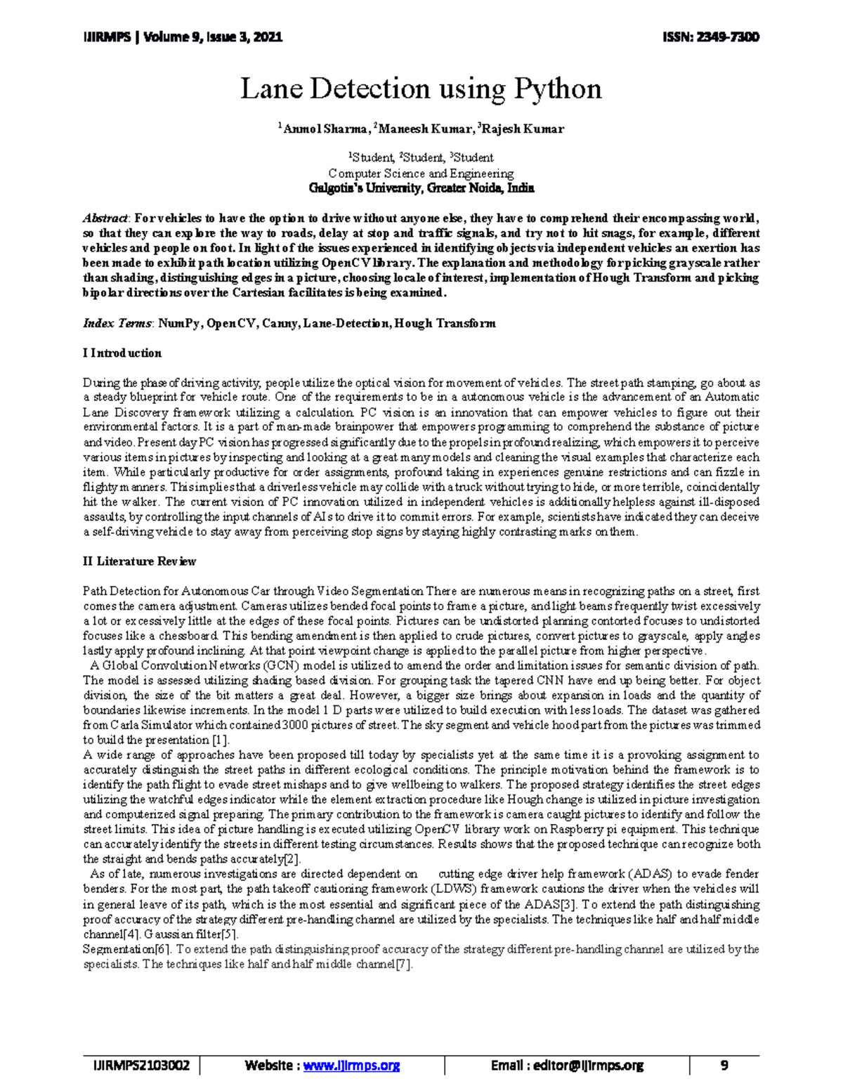 Car lane detection - Lane Detection using Python 1 Anmol Sharma, 2 Maneesh Kumar, 3 Rajesh Kumar ...