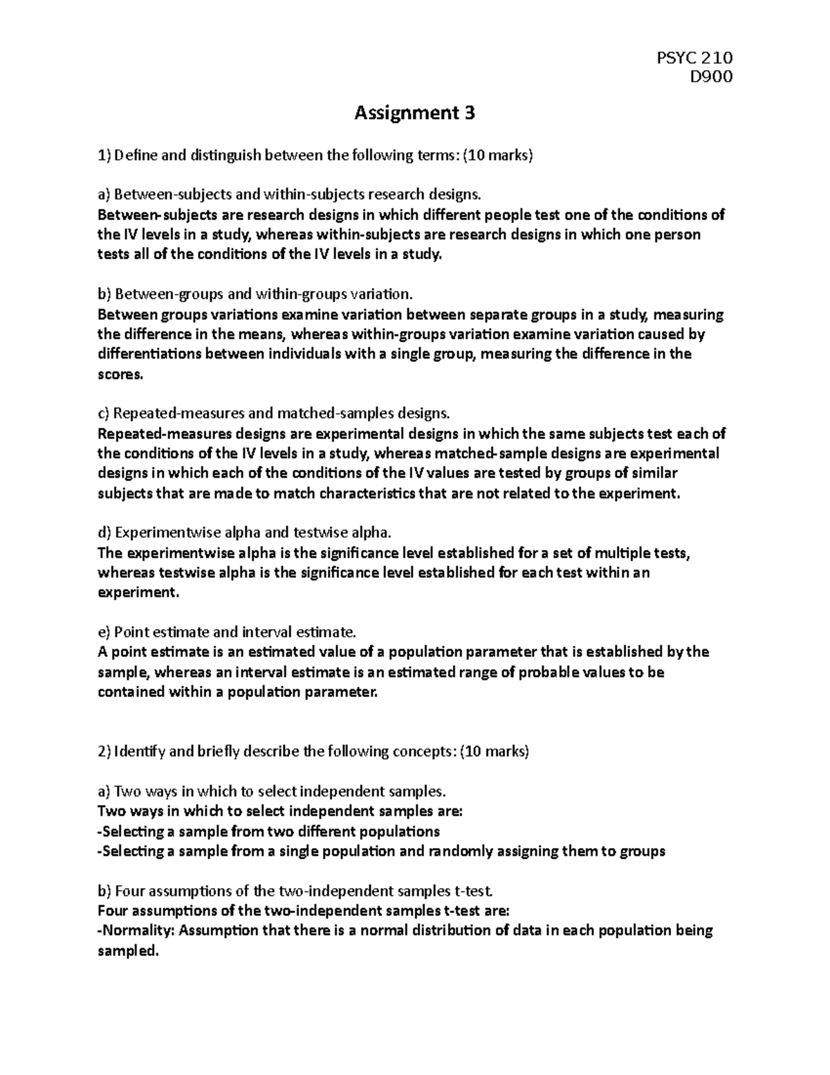 PSYC 210 Assignment 3 (Spring 2020) - PSYC 210 D Assignment 3 Deine and disinguish between the ...