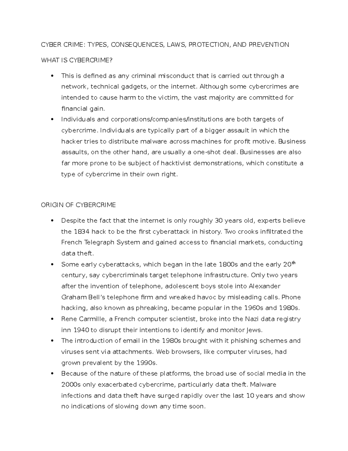 Cybercrime Notes 6 - CYBER CRIME: TYPES, CONSEQUENCES, LAWS, PROTECTION ...