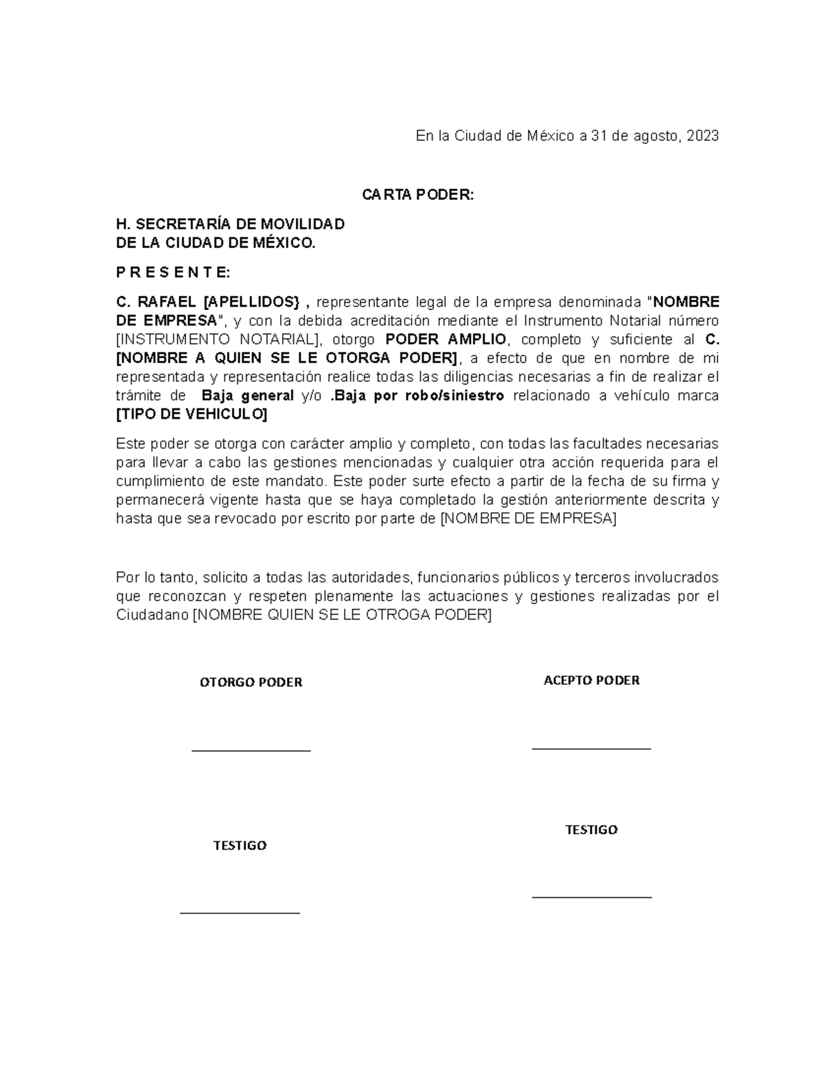Carta Poder Semovi - En la Ciudad de México a 31 de agosto, 2023 CARTA ...