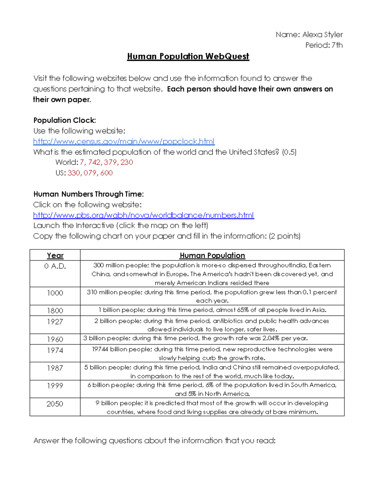 Copy of population webquest - Name: Alexa Styler Period: 7th Human ...