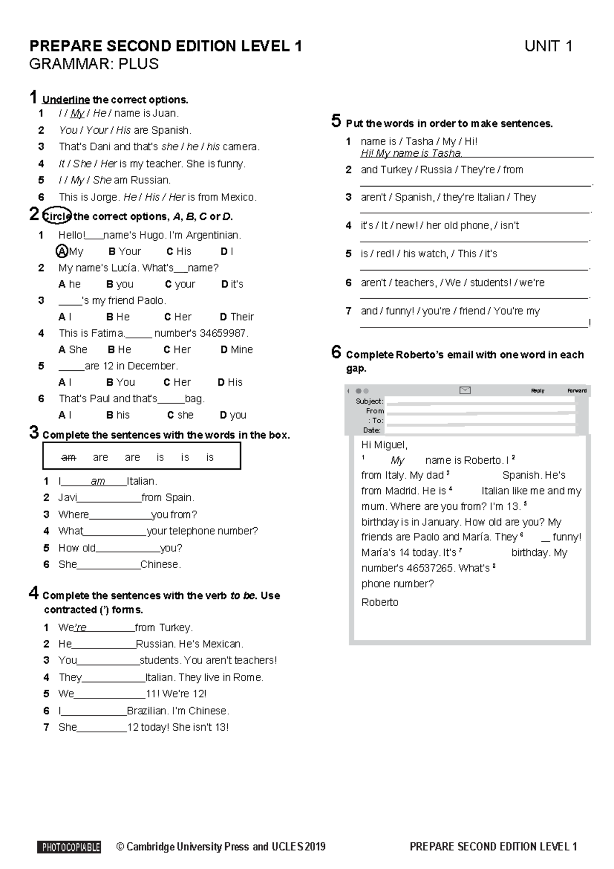 Mini test 1 - PHOTOCOPIABLE © Cambridge University Press and UCLES 2019 ...