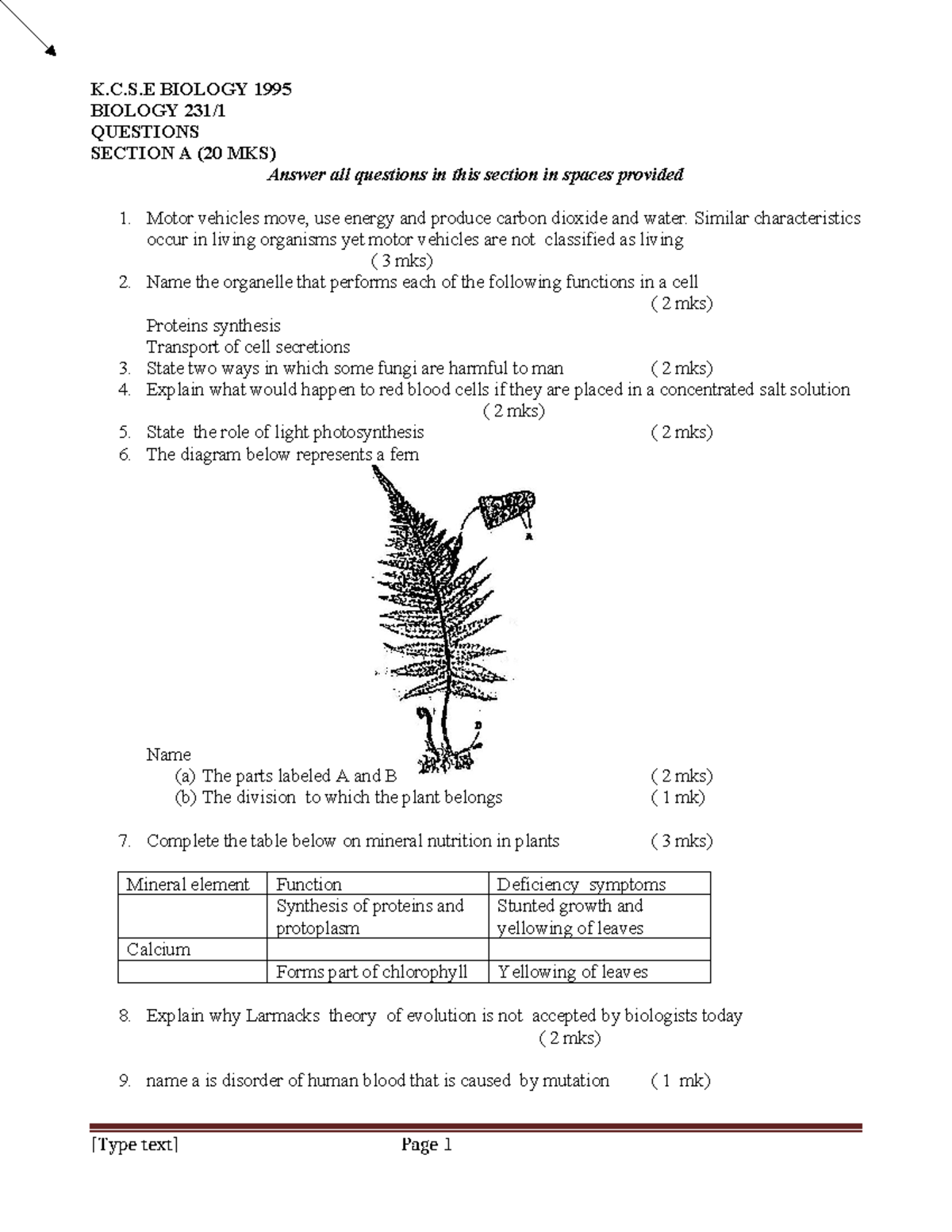 Biology PAST Paper Questions P - K.C.S BIOLOGY 1995 BIOLOGY 231 ...