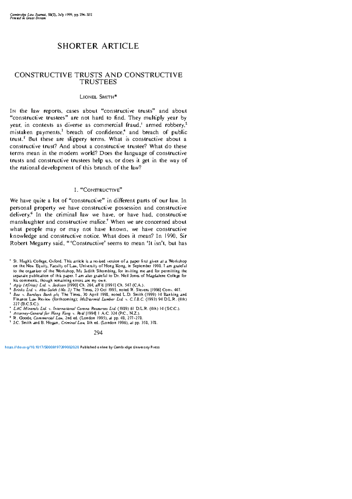 Constructive trusts and constructive trustees - Cambridge Law Journal ...