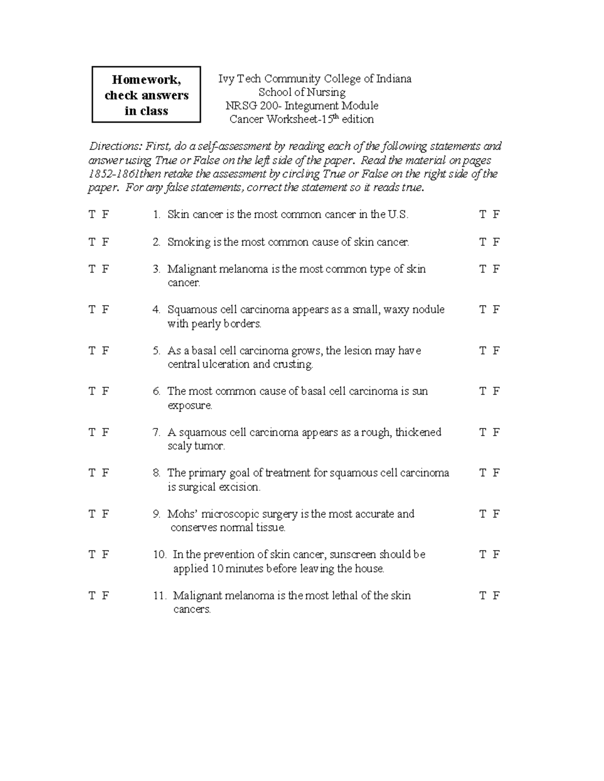 Integument Cancer Worksheet-15th edition - Ivy Tech Community College ...