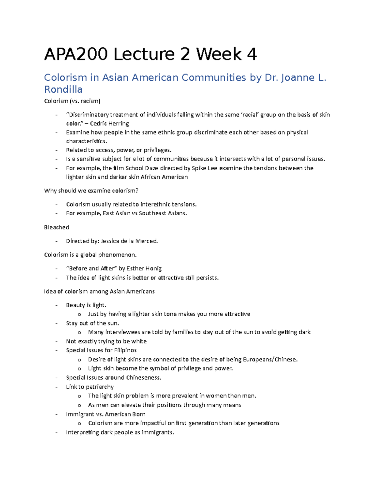 Lecture 2 Week 4 - APA200 Lecture 2 Week 4 Colorism in Asian American ...