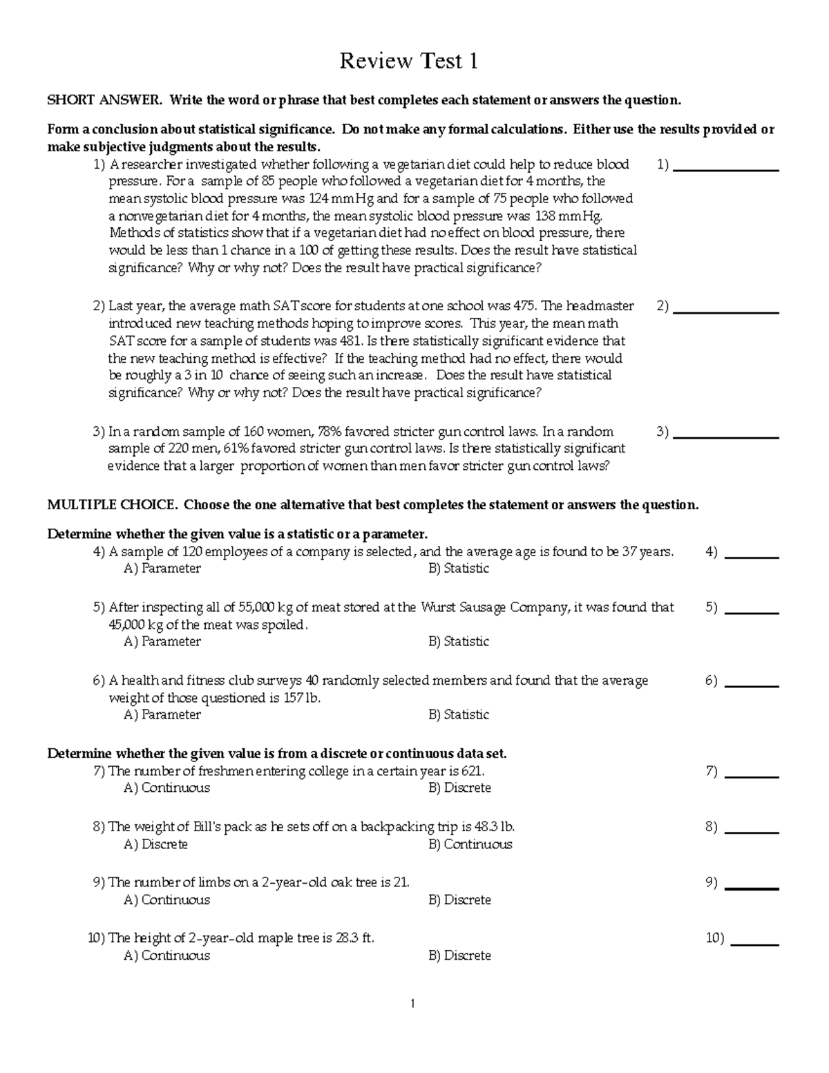 Review Test 1 Statistics - Review Test 1 SHORT ANSWER. Write the word ...