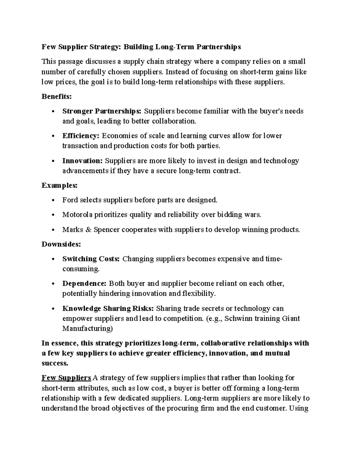 Few Supplier Strategy - Enterprenuership notes - Few Supplier Strategy ...