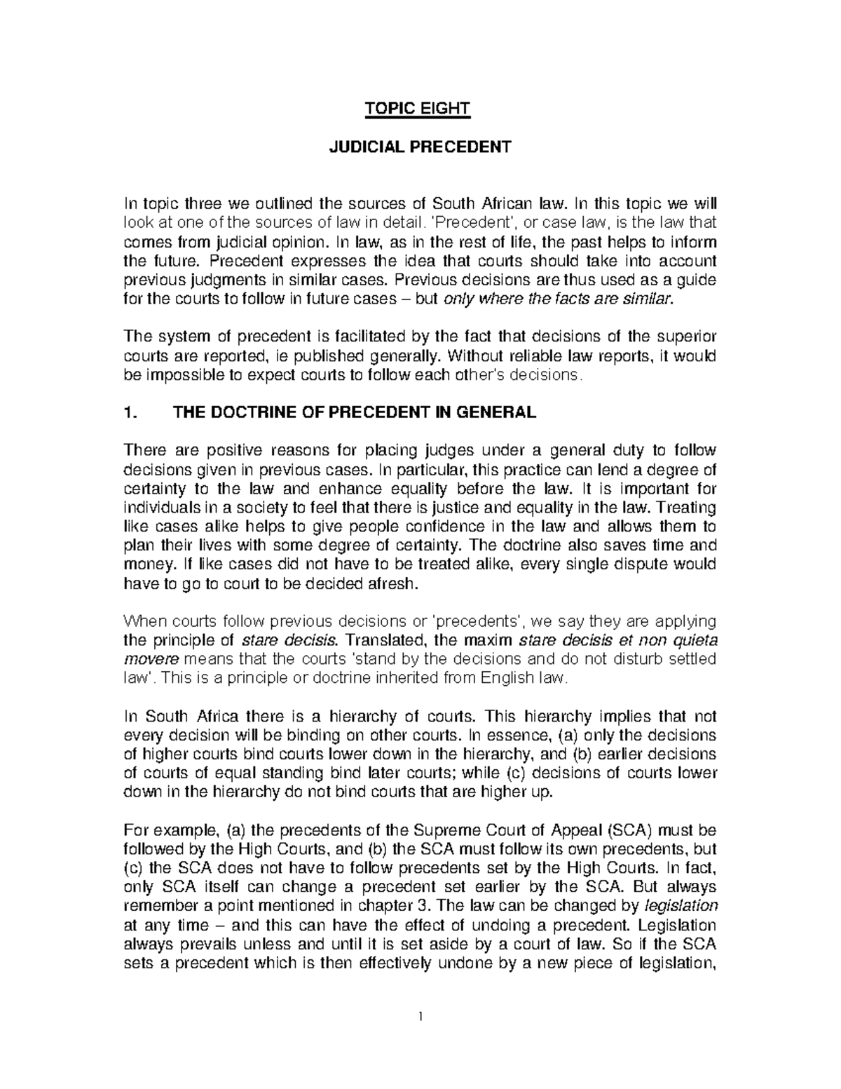 Topic+8+Judicial+Precedent+Handout - TOPIC EIGHT JUDICIAL PRECEDENT In ...