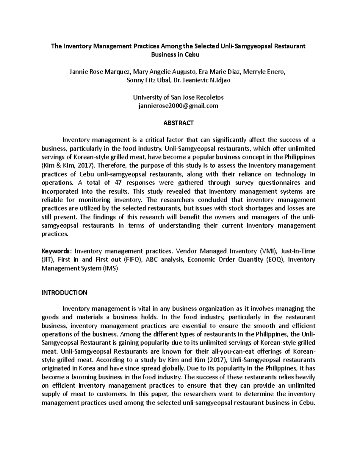 Final Paper - LECTURE NOTES - The Inventory Management Practices Among ...
