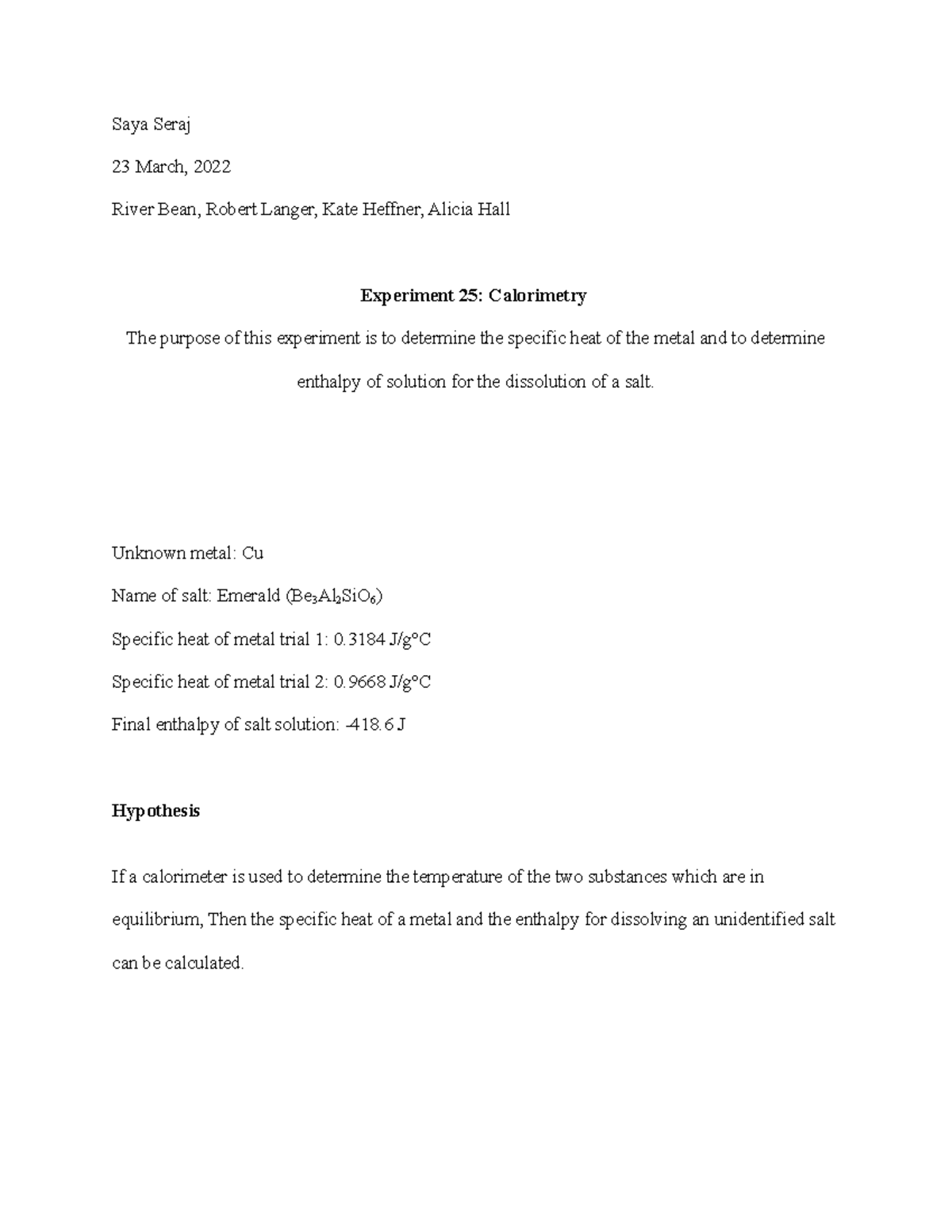 Experiment 25 - Saya Seraj 23 March, 2022 River Bean, Robert Langer ...