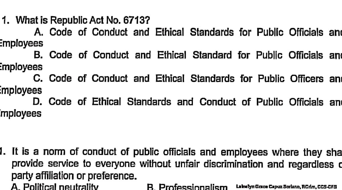 ACC917 287 - Hdhx - 1. What is Republic Act No. 6713? A. Code of ...