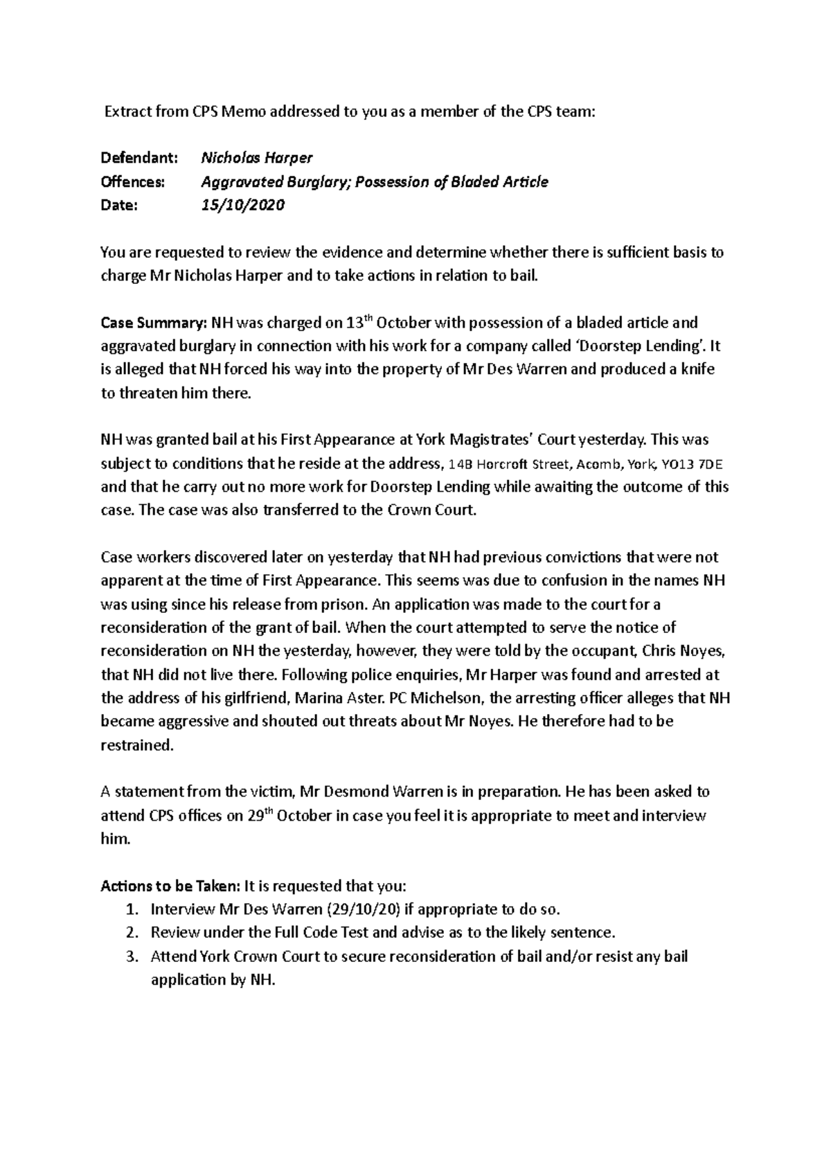 ALS PBL Instructions Criminal Prosecution 2020 - Extract from CPS Memo ...