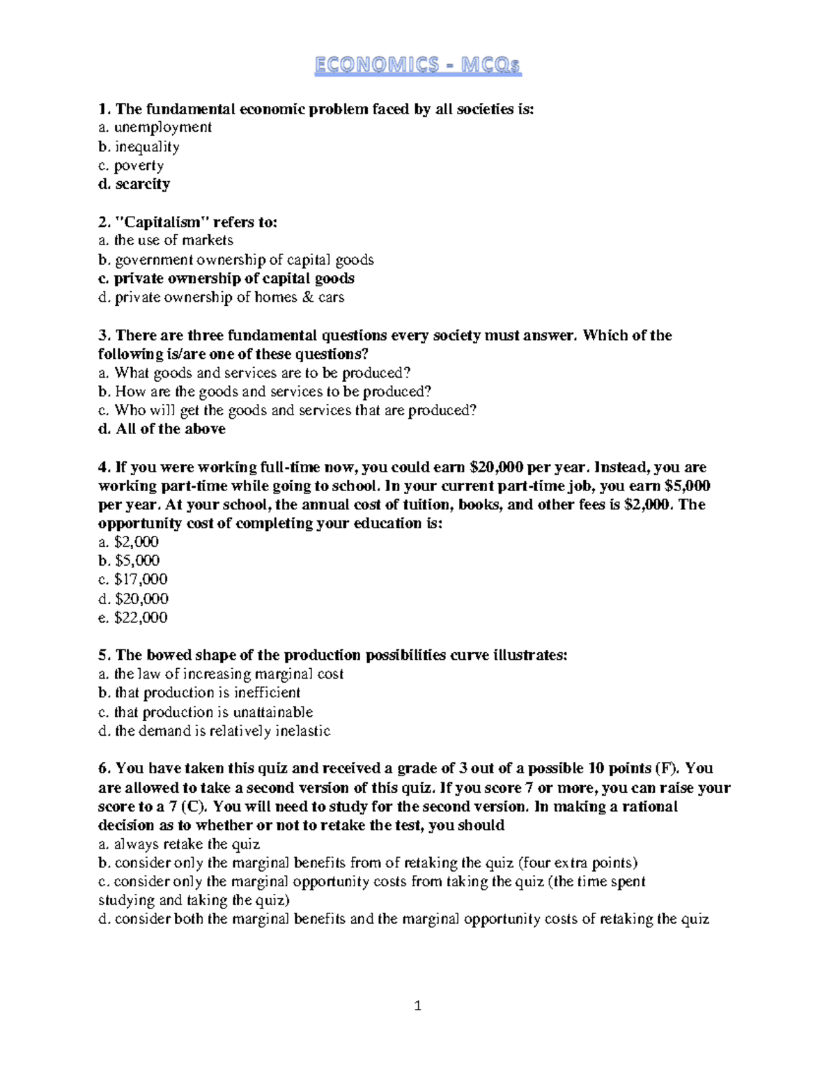 36396856-Economics-MCQs - 1. The fundamental economic problem faced by ...