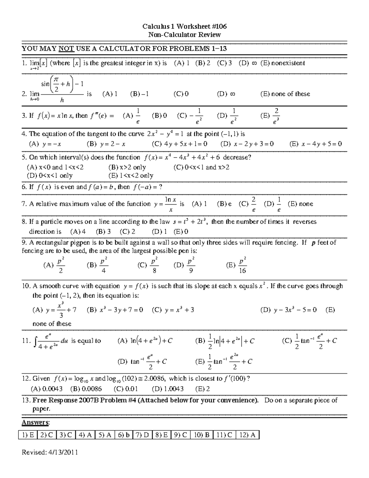 AB ws 106 Non Calculator - Calculus 1 Worksheet # - Studocu
