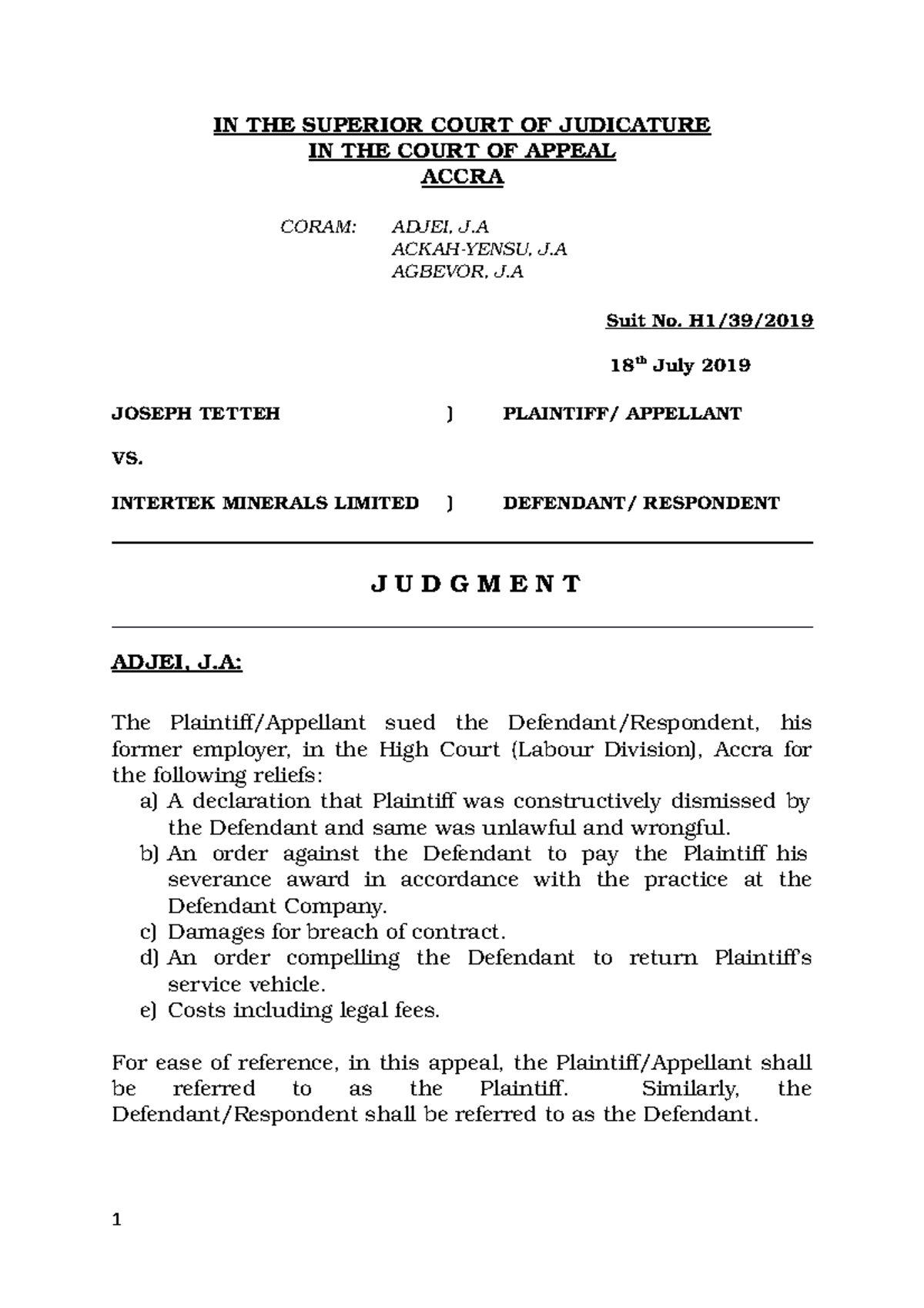 Tetteh V Intertek - BRIEF CASE ON CONTITUTIONAL LAW - IN THE SUPERIOR ...