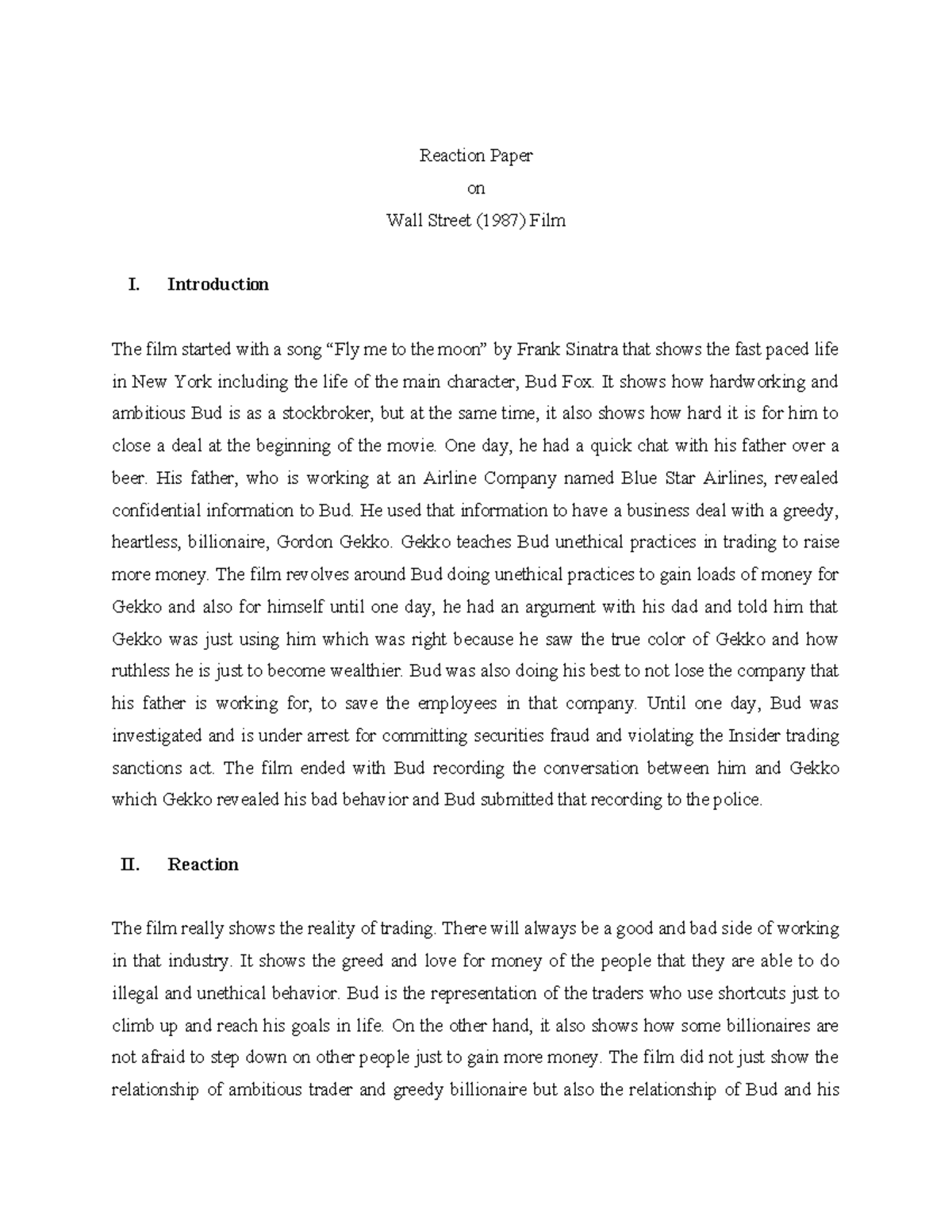 Reaction Paper for Wall Street Film - Reaction Paper on Wall Street ...