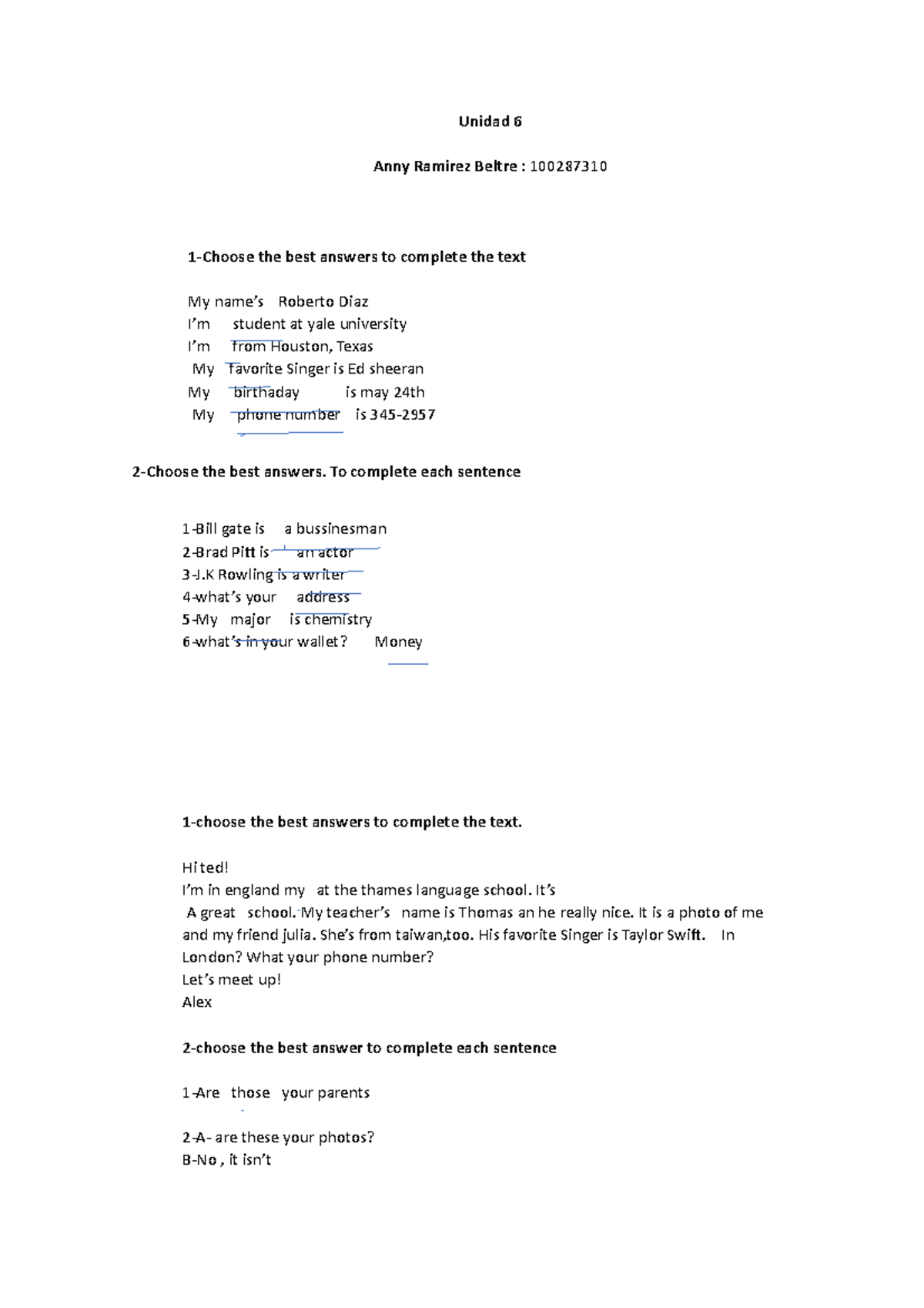 Unidad 6 ingles elemental - Unidad 6 Anny Ramirez Beltre : 100287310 1 ...