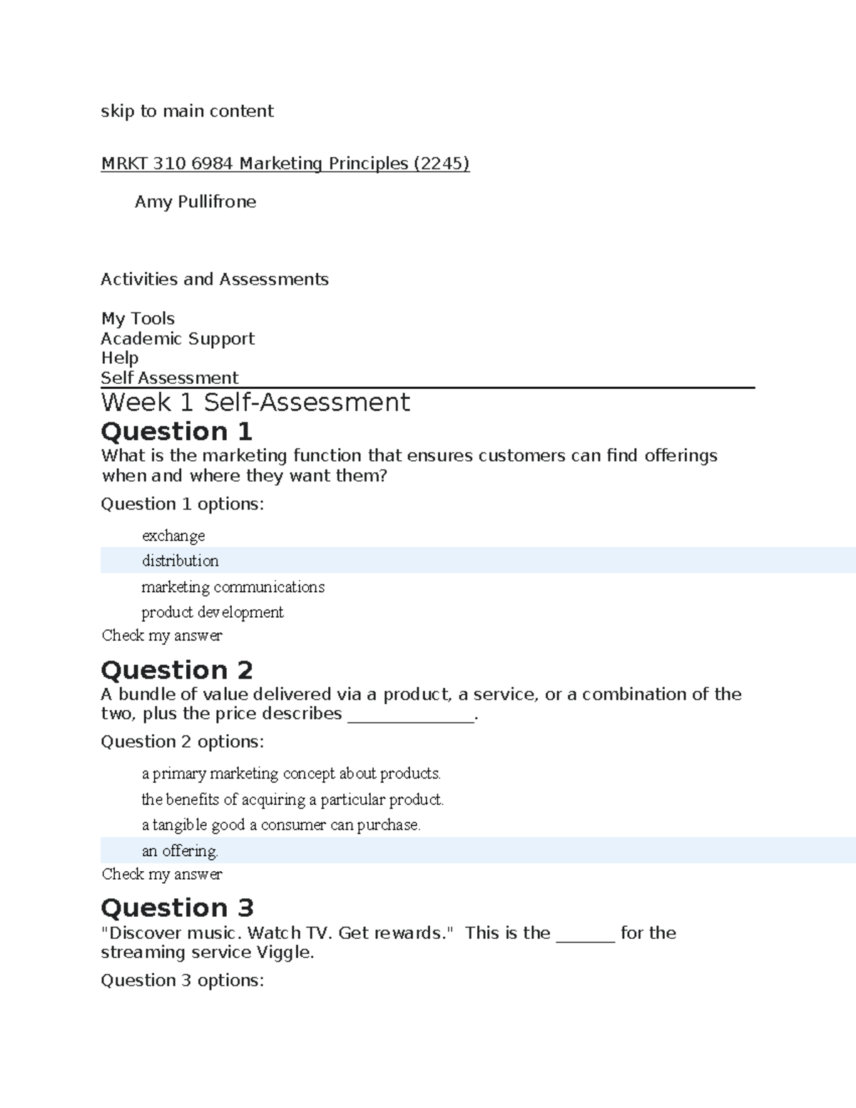 Week 1 Assessment - practice test - skip to main content MRKT 310 6984 ...