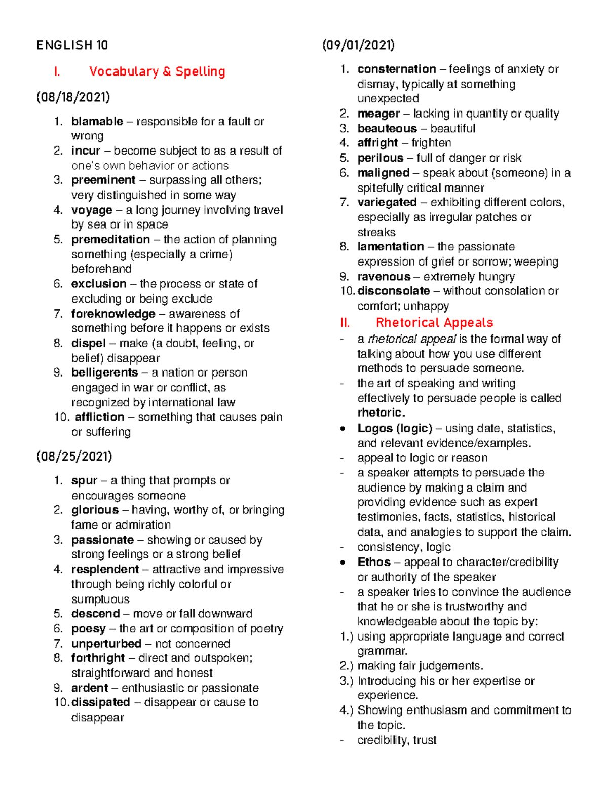 Grade 10 - Reviewer in English 1st Summative - ENGLISH 10 I. Vocabulary ...
