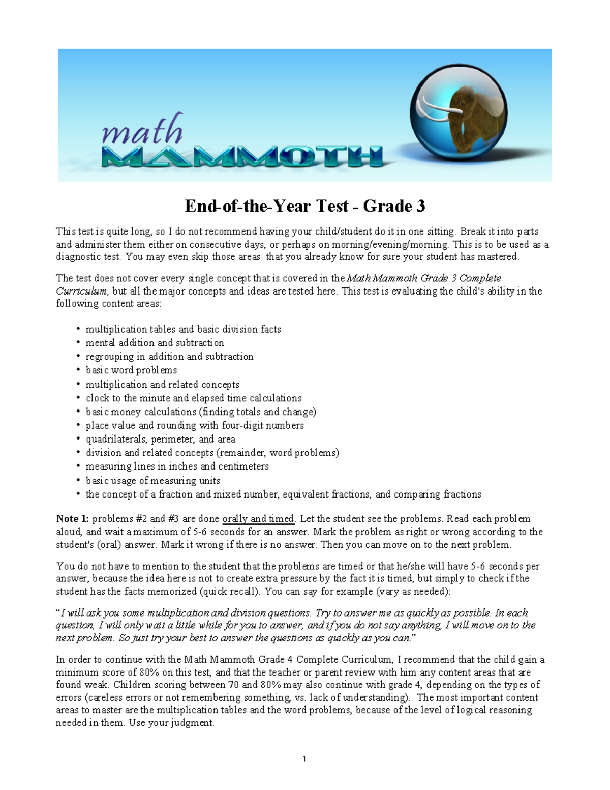 End of Year Test Grade 3 - need past exams - End-of-the-Year Test ...