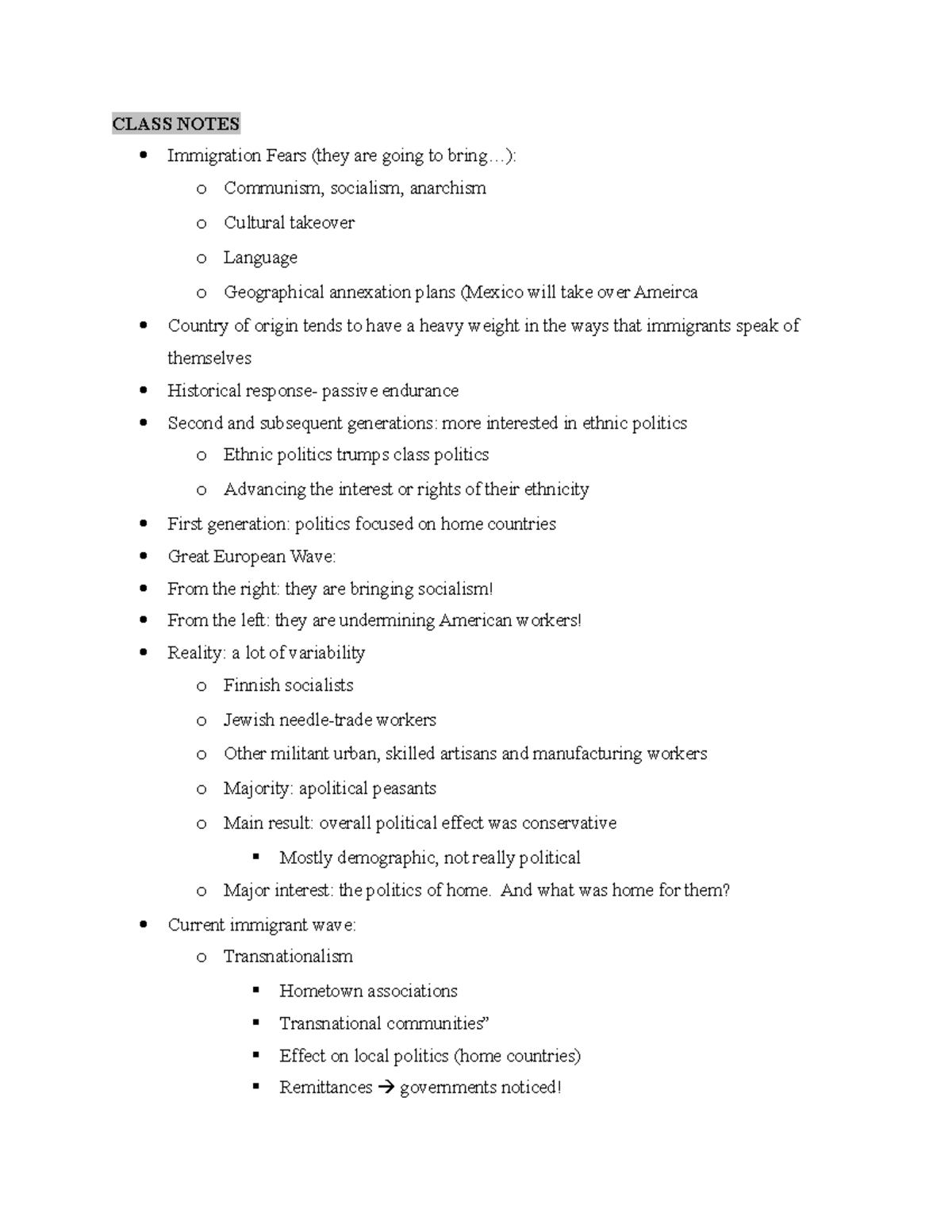 Immigration in America SOC 3322 Notes - CLASS NOTES Immigration Fears ...