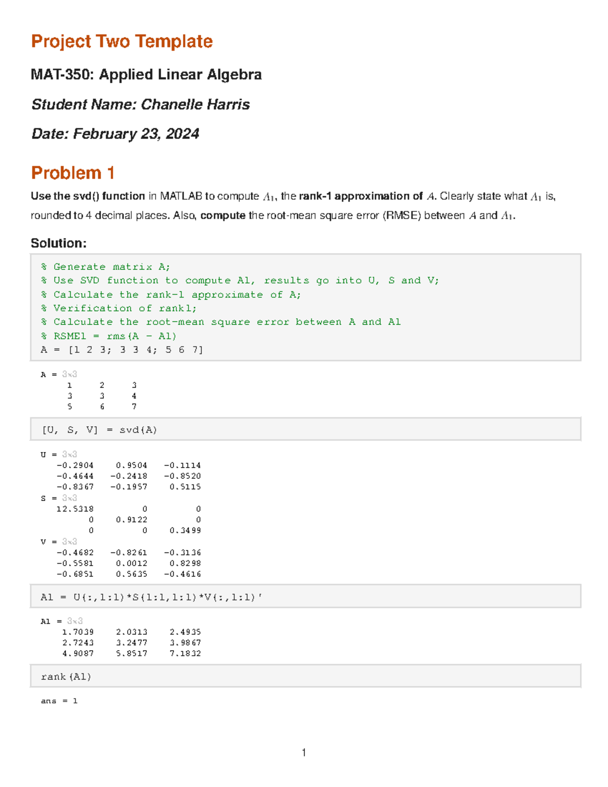 Project Two- MAT 350 - Project Two Template MAT-350: Applied Linear Algebra Student Name ...