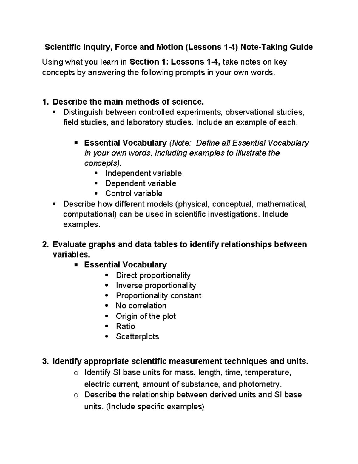Section 1 Scientific Inquiry, Force and Motion (Lessons 1-4 ...