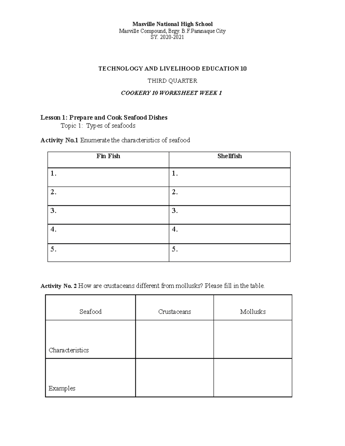 Worksheet TLE Cookery 10 Codon - Masville National High School Masville ...