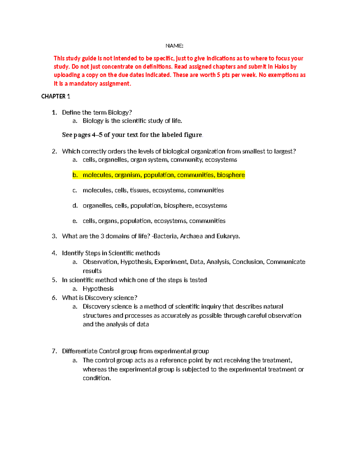 BIO 181-Study Guide-Week 1-Chapter 1 and 2 stu - NAME: This study guide ...