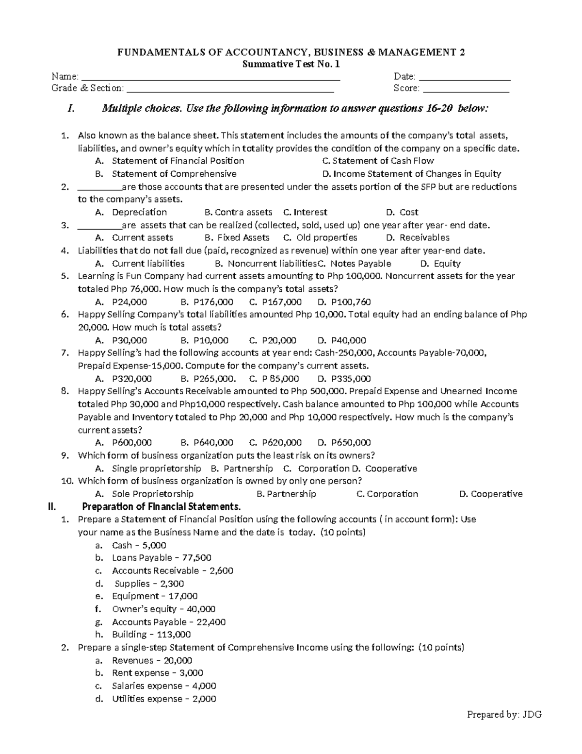 Fundamentals OF Accountancy 2-summative quiz - FUNDAMENTALS OF ...