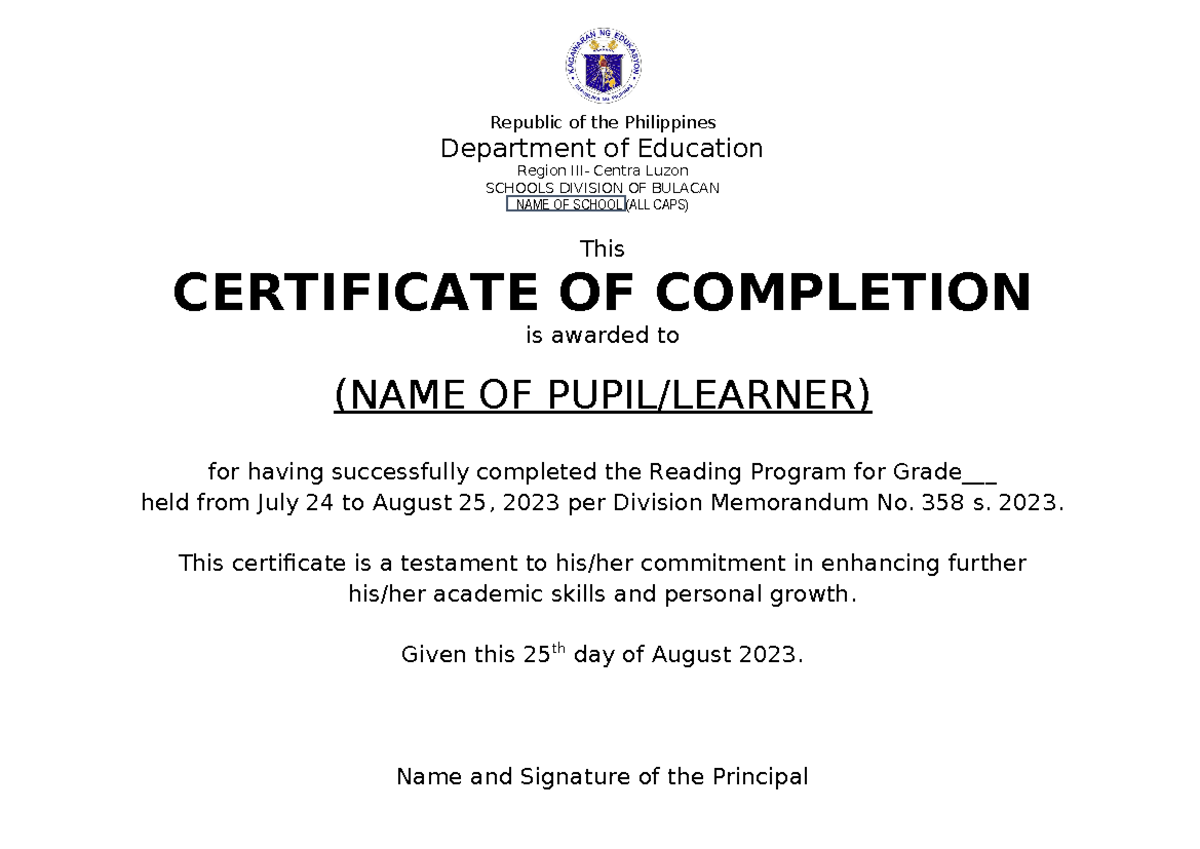 Nlc-certificate Reading- Program - Republic of the Philippines ...