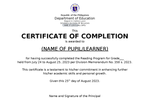 Certificate OF Completion ICT 2023 2024 - CERTIFICATE OF COMPLETION TO ...
