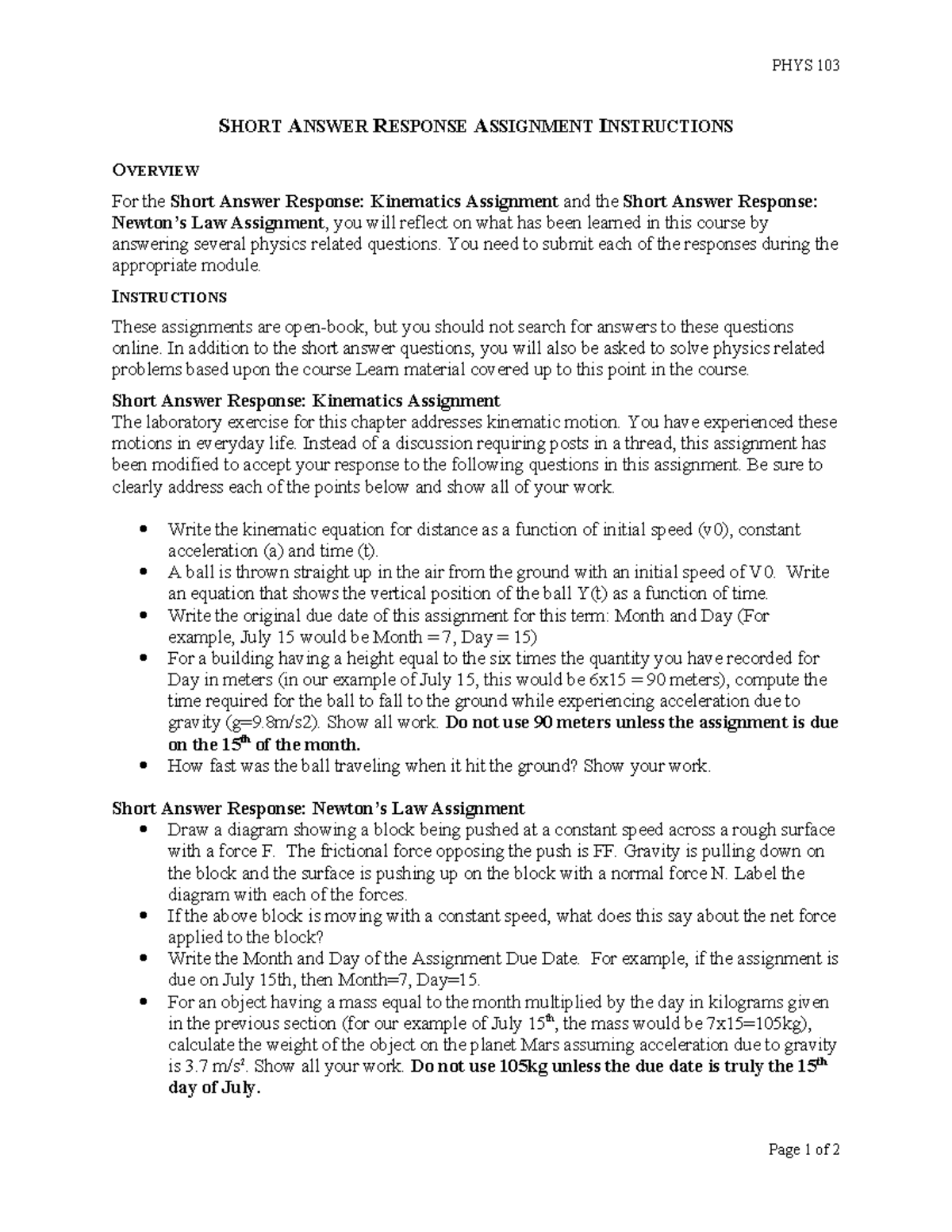 Short+Answer+Response+Assignment+Instructions - PHYS 103 SHORT ANSWER ...