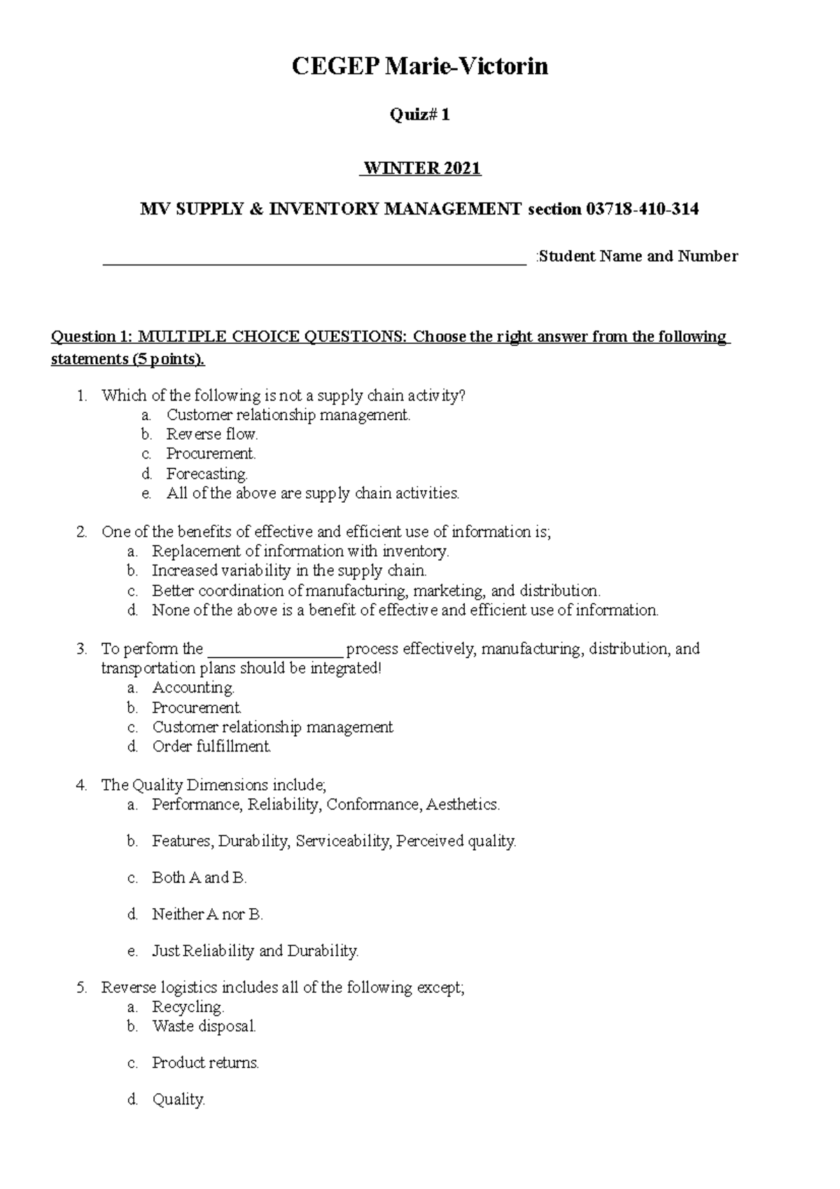 Quiz 1-supply chain management - PRMM101 - McGill - Studocu