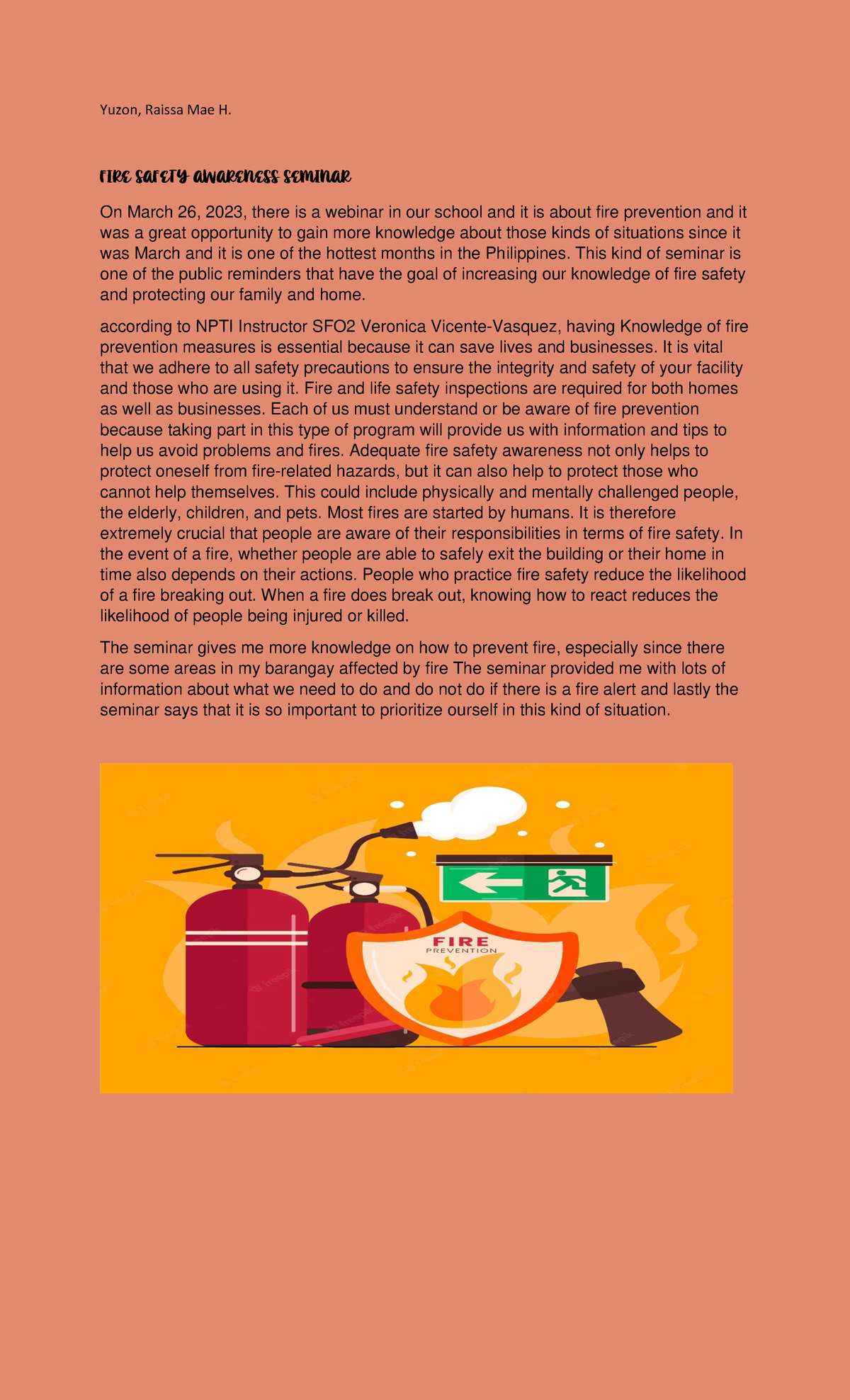 Reflection Fireprevention seminar - Yuzon, Raissa Mae H. FIRE SAFETY ...