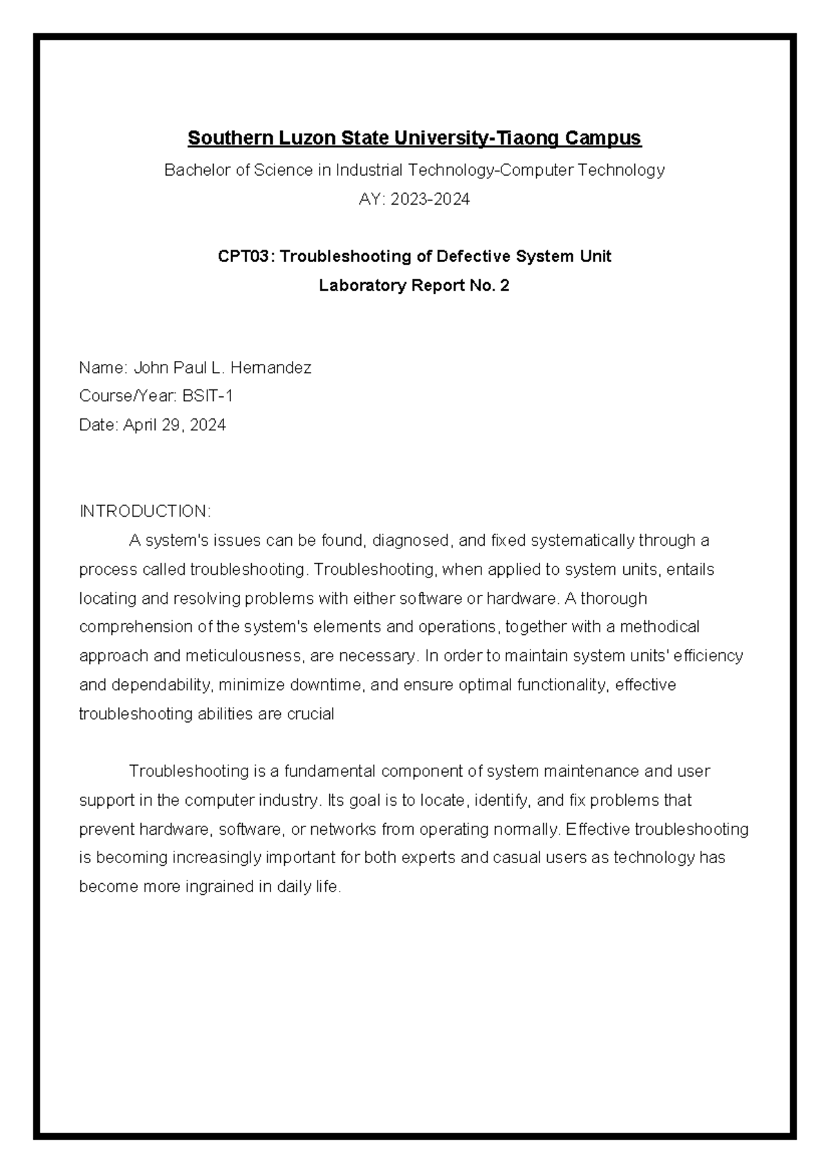 CPT03-lab-report 2 - CPT03 - Southern Luzon State University-Tiaong ...