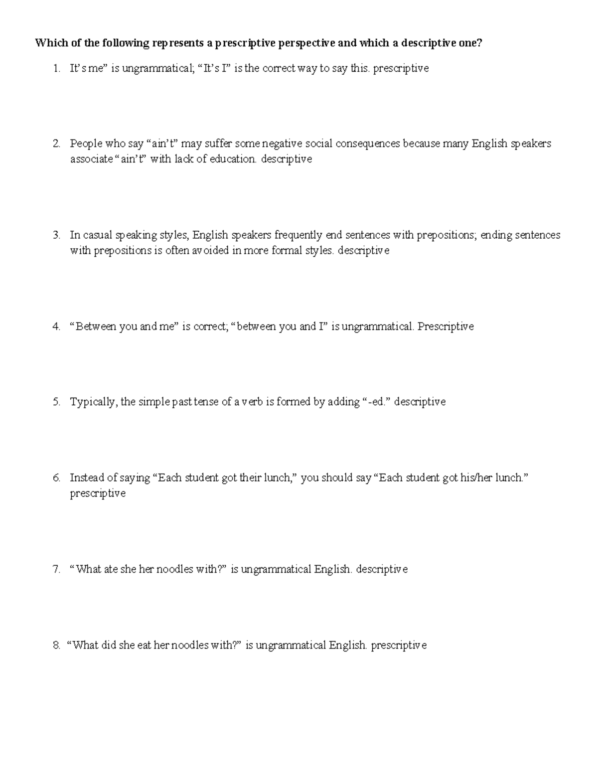 Prescriptive vs. descriptive statments exercise - Which of the ...