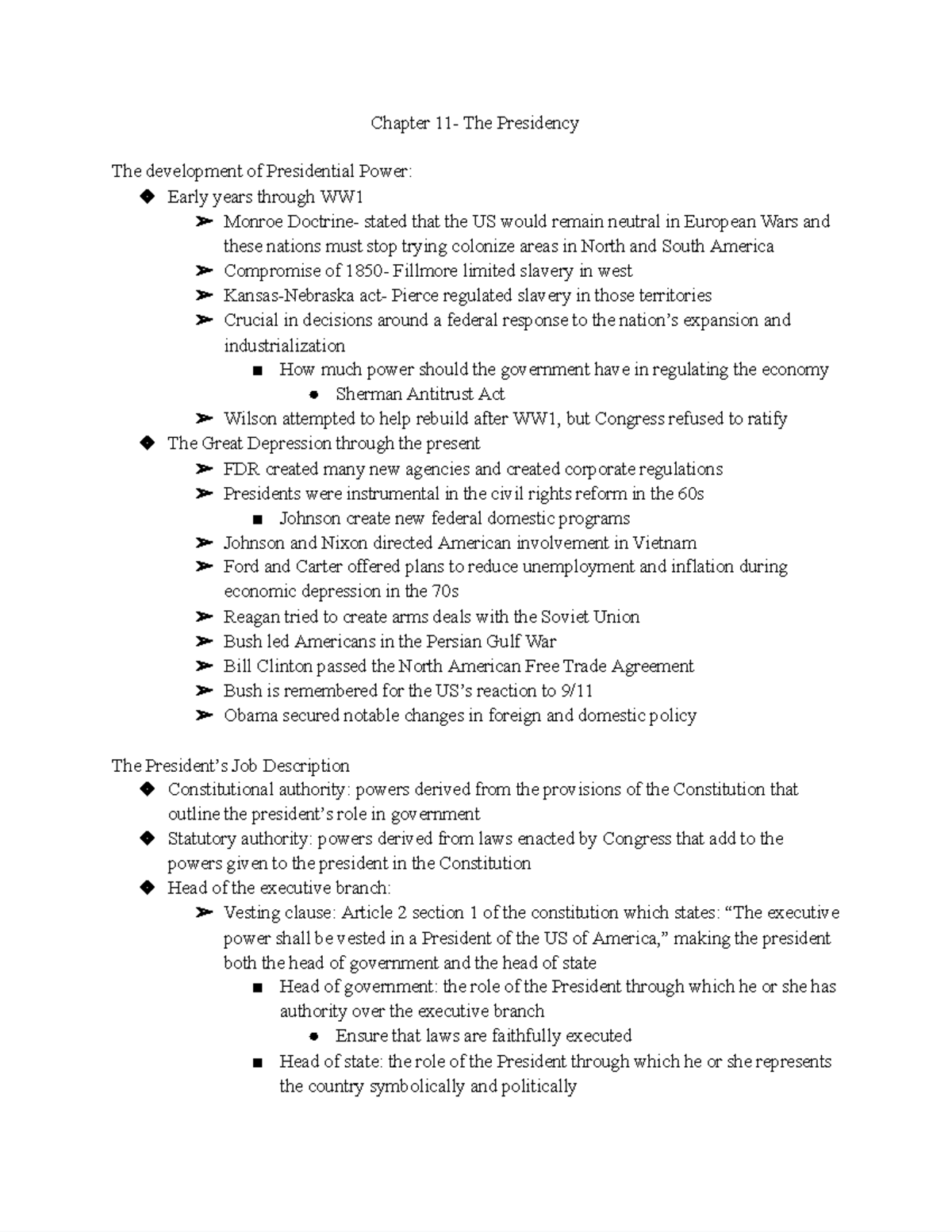Textbook Notes Chapter 11- The Presidency - Chapter 11- The Presidency ...