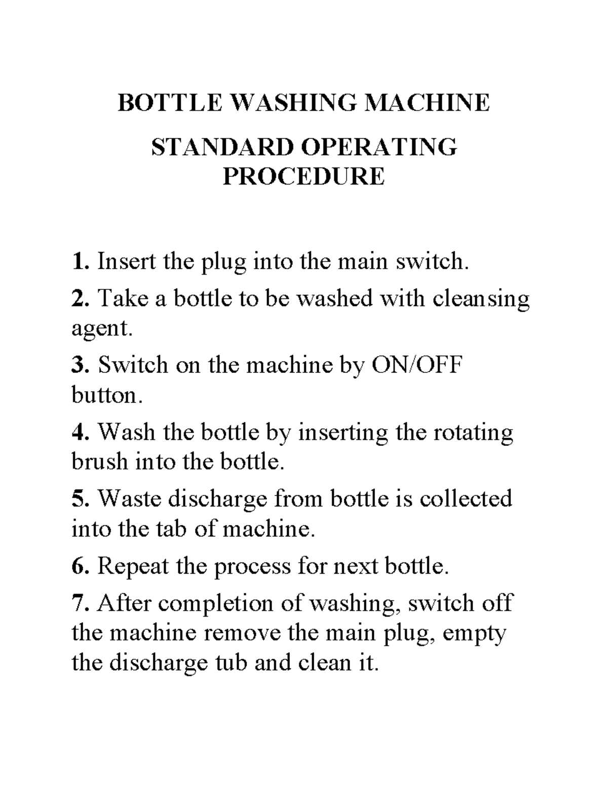 Sop of Bottle Washing Machine & tablet punching machine - BOTTLE ...