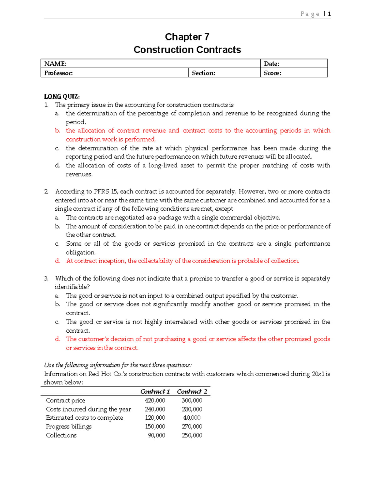 QUIZ 3 Construction Contracts - Chapter 7 Construction Contracts NAME: Date: Professor: Section ...