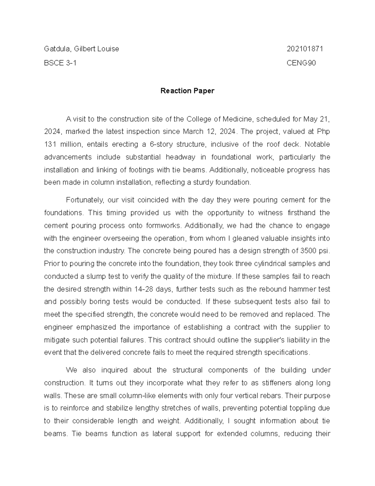 Reaction Paper About Site Visit - Gatdula, Gilbert Louise 202101871 ...